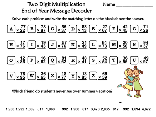 Two Digit Multiplication End of Year/ Summer Math Activity: Message ...