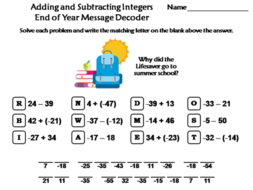 Adding and Subtracting Integers End of Year Math Activity: Message ...