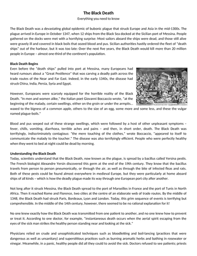 The Black Death - Reading Comprehension Worksheet / Text | Teaching ...