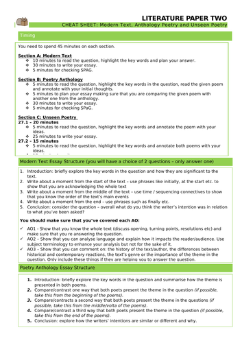 Literature Paper 1 & 2 Cheat Sheets | Teaching Resources