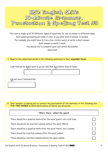 10 Minute SATs SPaG Practice Test Papers | Teaching Resources
