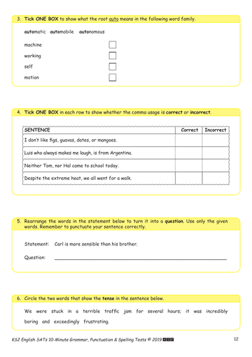 10 Minute SATs SPaG Practice Test Papers | Teaching Resources
