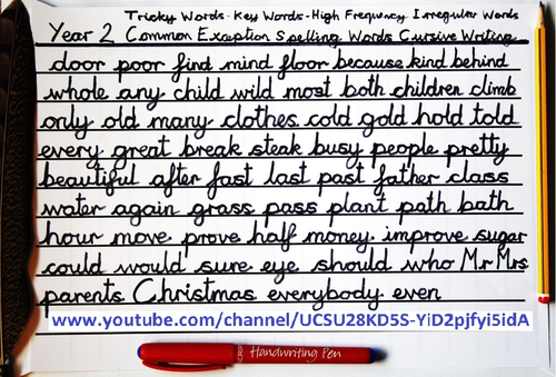 Common Exception Spelling Tricky Words Cursive writing KS1 Year 2 ...