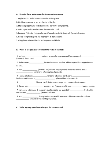 Italian Passato prossimo exercises | Teaching Resources