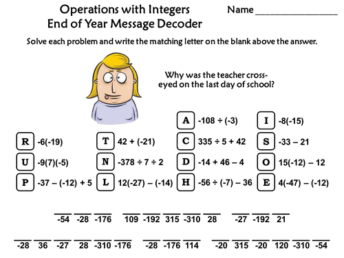 Operations with Integers End of Year Math Activity: Message Decoder ...