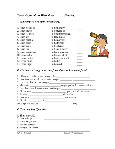 Tener Expressions Worksheet: Expresiones con Tener (SUB PLAN ...