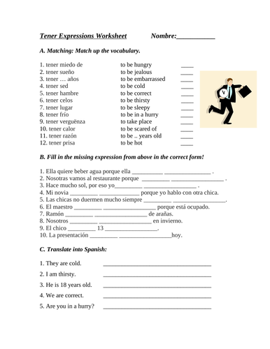 Tener Expressions Worksheet: Expresiones con Tener (SUB PLAN ...