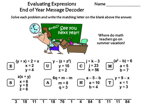 Evaluating Algebraic Expressions End of Year Math Activity: Message Decoder | Teaching Resources