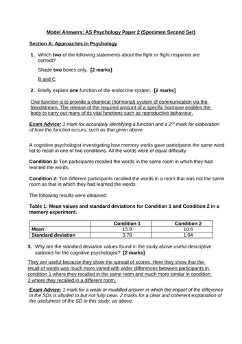 Model Answers to AS Psychology Paper 2 Specimen Second Set | Teaching ...