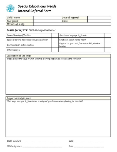 Special Educational Needs Internal Referral Form | Teaching Resources