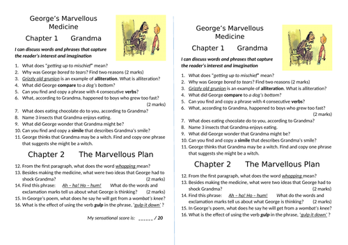 George's Marvellous Medicine comprehension pack, plus SPAG activities ...