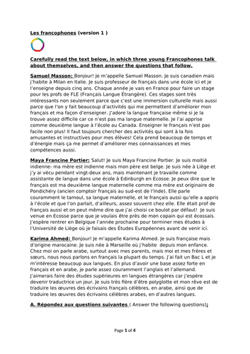 Les francophones- Reading/comprehension | Teaching Resources
