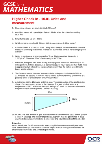 OCR Maths: Higher GCSE - Check In Test 10.01 Units and measurement ...