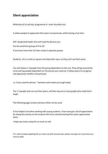 Team Reflection Activity - Silent Appreciation - No Prep | Teaching ...