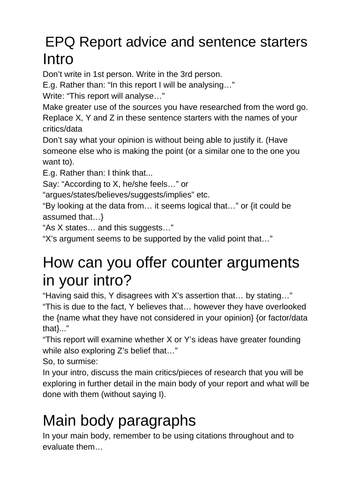Help with writing EPQ report and sentence starters | Teaching Resources