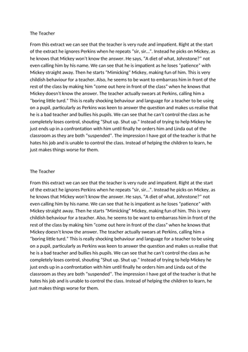 Three exemplar responses to the extract questions on 'Blood Brothers ...