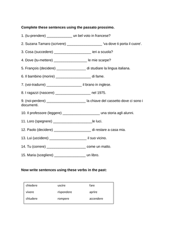 Italian Past irregular verbs worksheet | Teaching Resources
