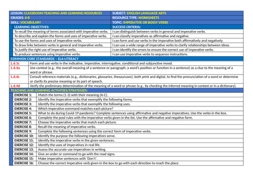 IMPERATIVE VERBS BOSSY VERBS - WORKSHEETS | Teaching Resources