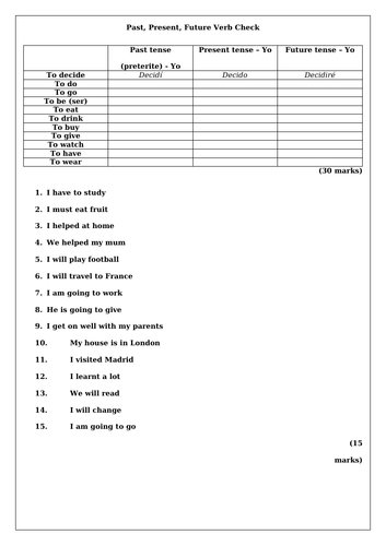 Spanish GCSE Verb Assessment: present, past & future tenses | Teaching ...