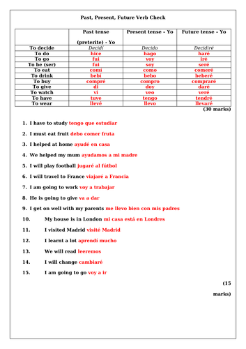 Spanish GCSE Verb Assessment: present, past & future tenses | Teaching ...
