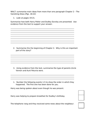 Harry Potter (philosophers stone) reading comprehensions (chapter 1-3 ...