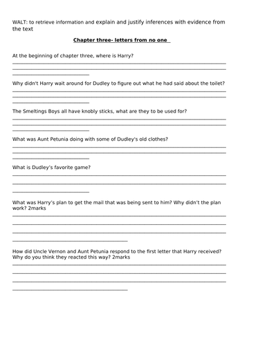 Harry Potter (philosophers stone) reading comprehensions (chapter 1-3 ...