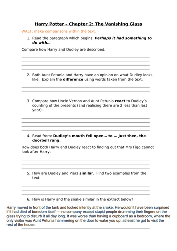 Harry Potter (philosophers stone) reading comprehensions (chapter 1-3 ...