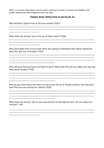 Harry Potter (philosophers stone) reading comprehensions (chapter 1-3 ...