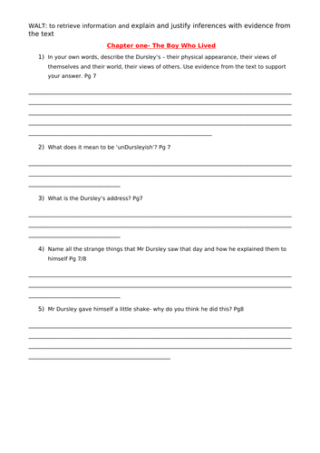 Harry Potter (philosophers stone) reading comprehensions (chapter 1-3 ...