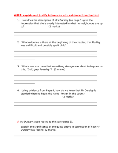 Harry Potter (philosophers stone) reading comprehensions (chapter 1-3 ...