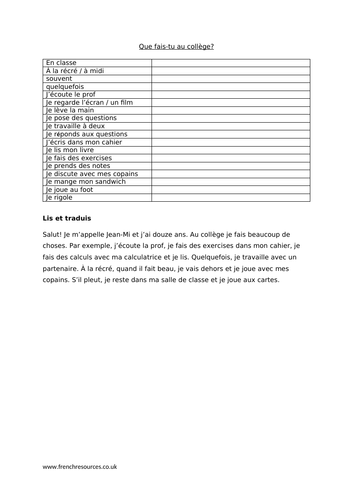 KS3 French Que fais -tu au college | Teaching Resources