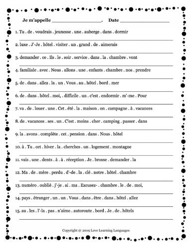French hotel vocabulary scrambled sentences exercise | Teaching Resources