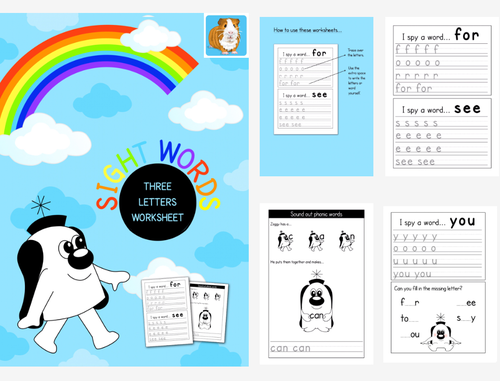 WORKSHEETS To Reinforce Three Letter Sight Words (4-7 years) | Teaching ...