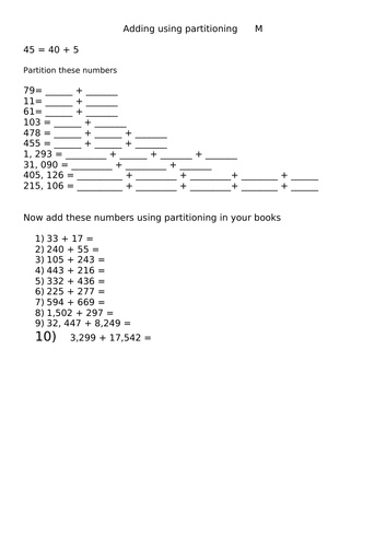 Adding using partitioning | Teaching Resources