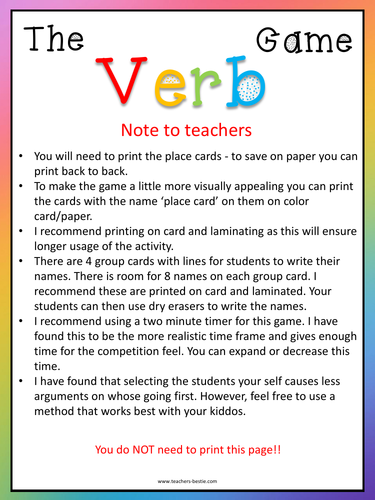 The Verb Game - Interactive, Fun, Printable - Little Prep Needed ...