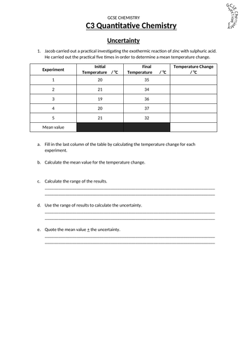 AQA GCSE 9-1 Chemistry and Trilogy Chemistry Uncertainty Calculations ...