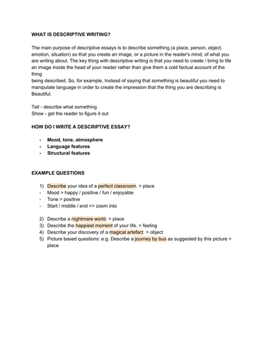 Descriptive Writing For English Language GCSE/A Level | Teaching Resources