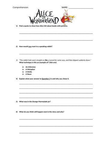 Alice in Wonderland - Comprehension | Teaching Resources