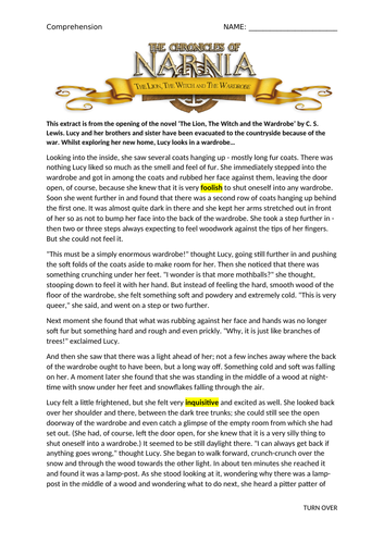 Narnia: The Lion, The Witch and the Wardrobe - Comprehension | Teaching ...