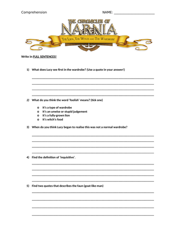 Narnia: The Lion, The Witch and the Wardrobe - Comprehension | Teaching ...