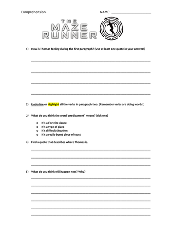 The Maze Runner - Comprehension | Teaching Resources