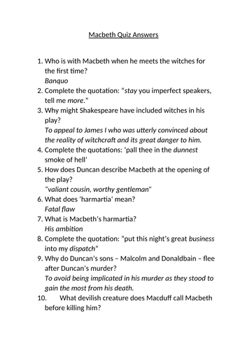 GCSE Macbeth Revision Quiz with Answers | Teaching Resources