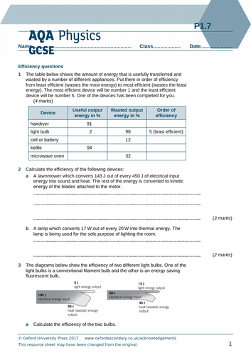 P1.7 Efficiency (9-1 GCSE) | Teaching Resources
