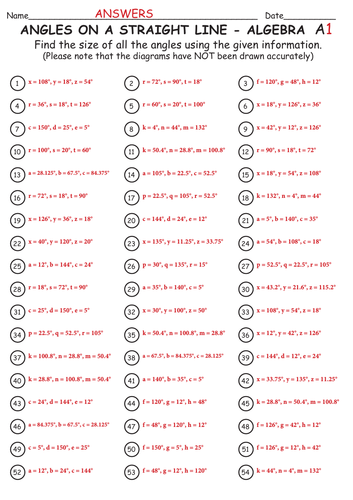 ANGLES on a STRAIGHT LINE USING ALGEBRAIC INFO. - 9 Worksheets-108 ...