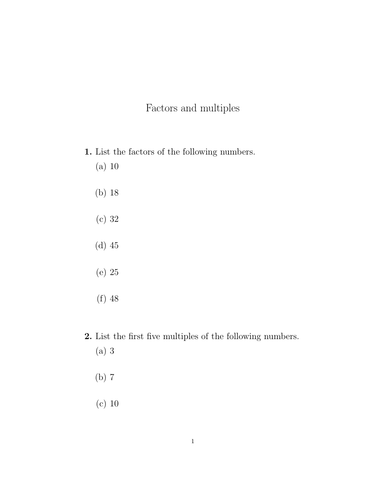 Factors and multiples worksheet (with solutions) | Teaching Resources