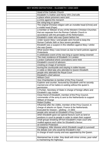 GCSE History Eduqas/WJEC Elizabeth I KEY WORDS revision | Teaching ...