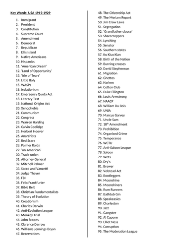 GCSE History Eduqas/WJEC USA 1910-1929 KEY WORDS revision | Teaching ... GCSE History Eduqas/WJEC USA 1910-1929 KEY WORDS revision | Teaching ...