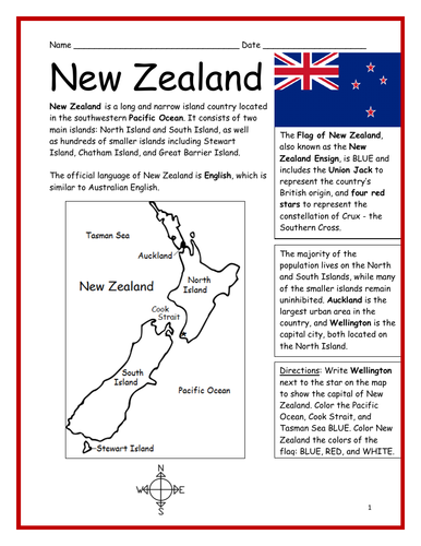 NEW ZEALAND - Printable handout with map and flag | Teaching Resources
