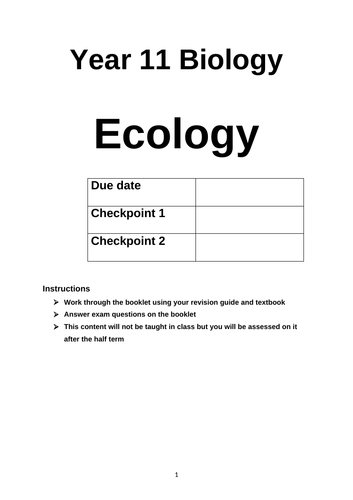 B7 Ecology 'Teach yourself' Activity booklet | Teaching Resources