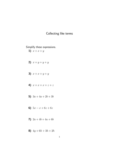 Collecting like terms-expressions with different variables worksheet no ...